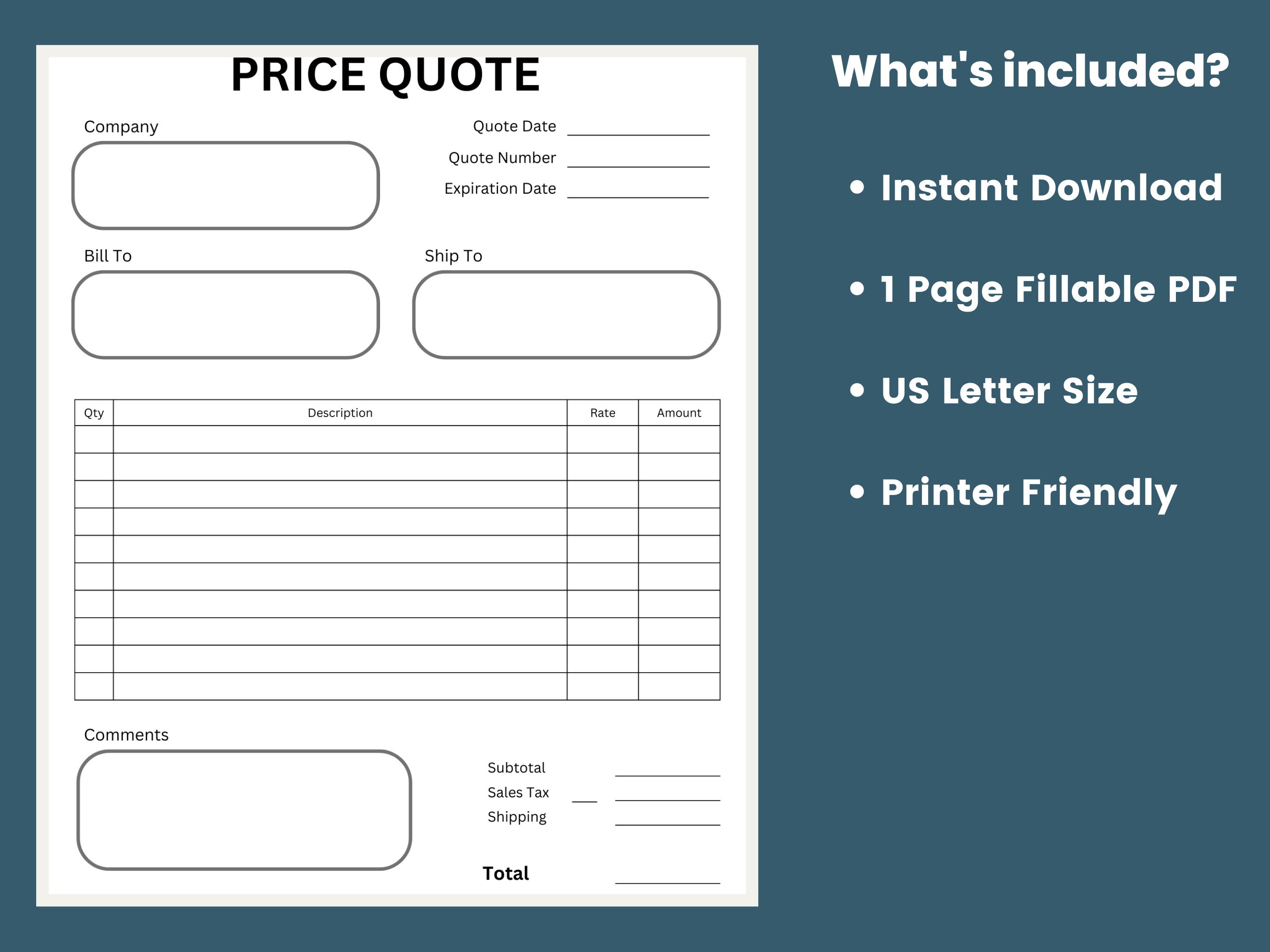 Price Quote Template | Fillable Price Quote | Printable Price Quote ...