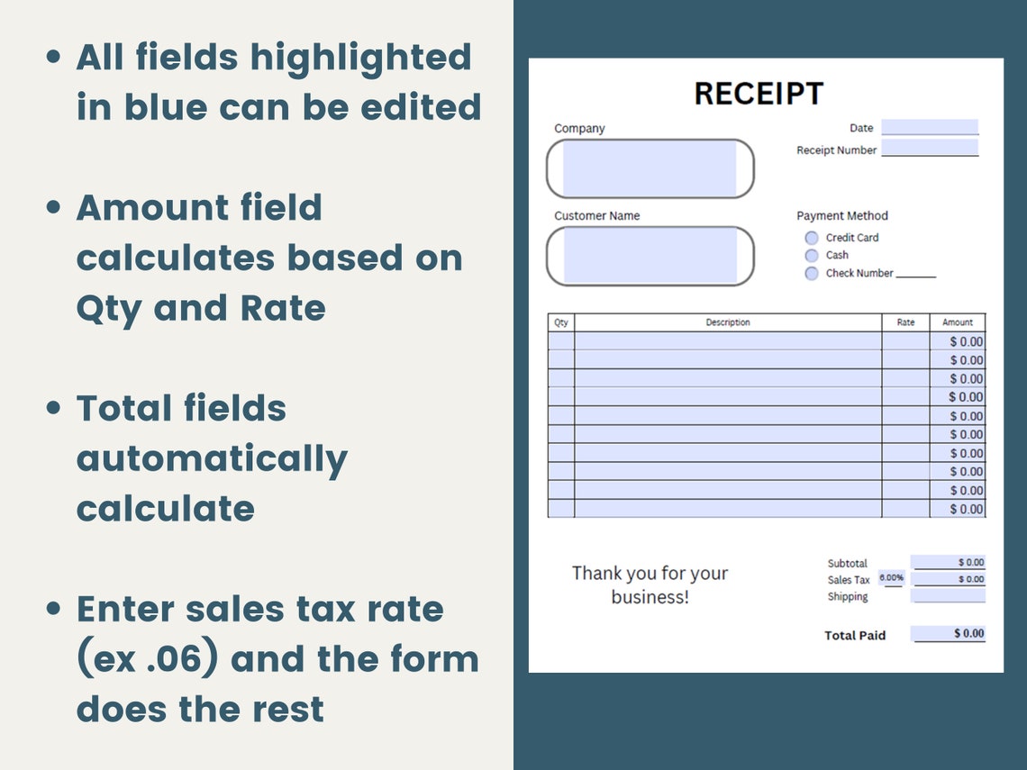 Receipt Template Fillable Receipt Printable Receipt - Etsy