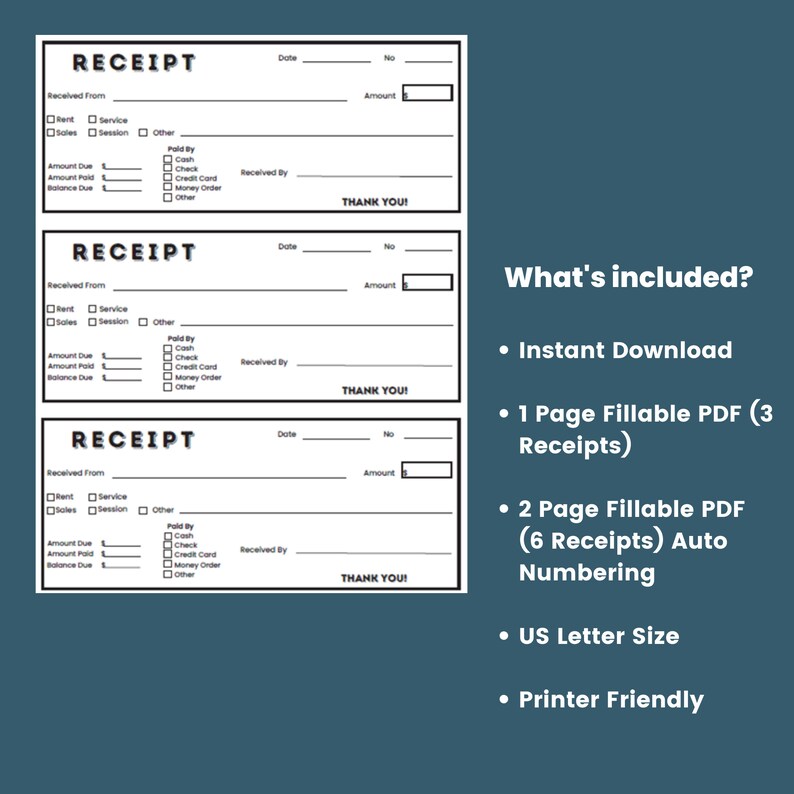 Receipt Template Rent Receipt Fillable Receipt Printable Receipt ...