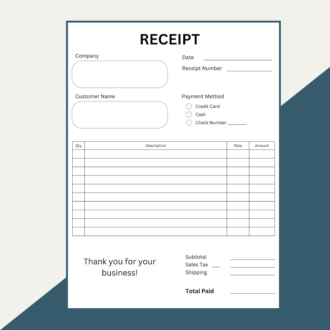 Receipt Template Fillable Receipt Printable Receipt Template Minimalist ...