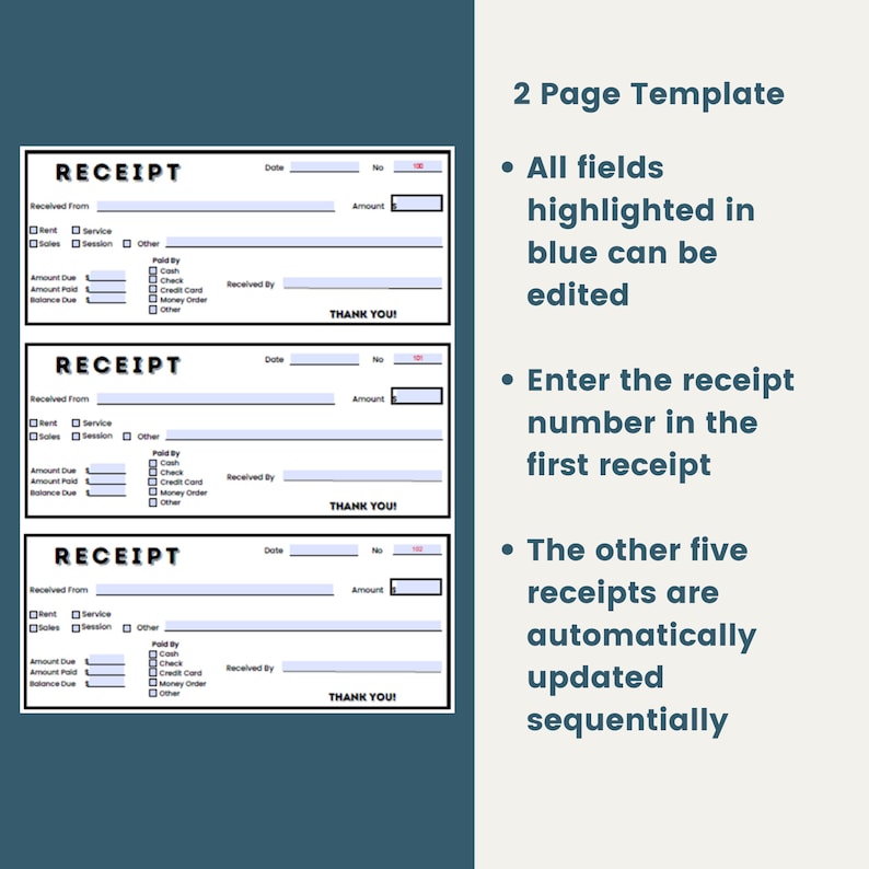 Receipt Template Rent Receipt Fillable Receipt Printable Receipt ...