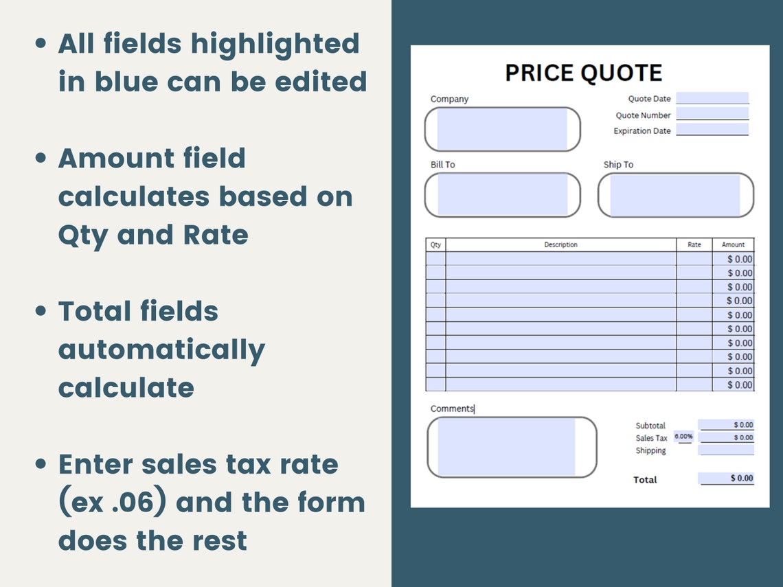 Price Quote Template | Fillable Price Quote | Printable Price Quote ...