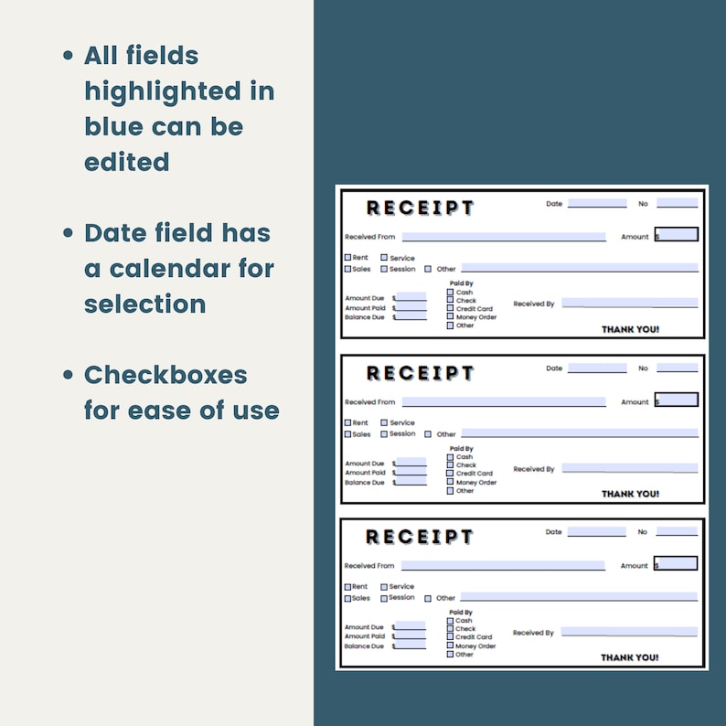 Receipt Template Rent Receipt Fillable Receipt Printable Receipt Template Cash Receipt Money ...