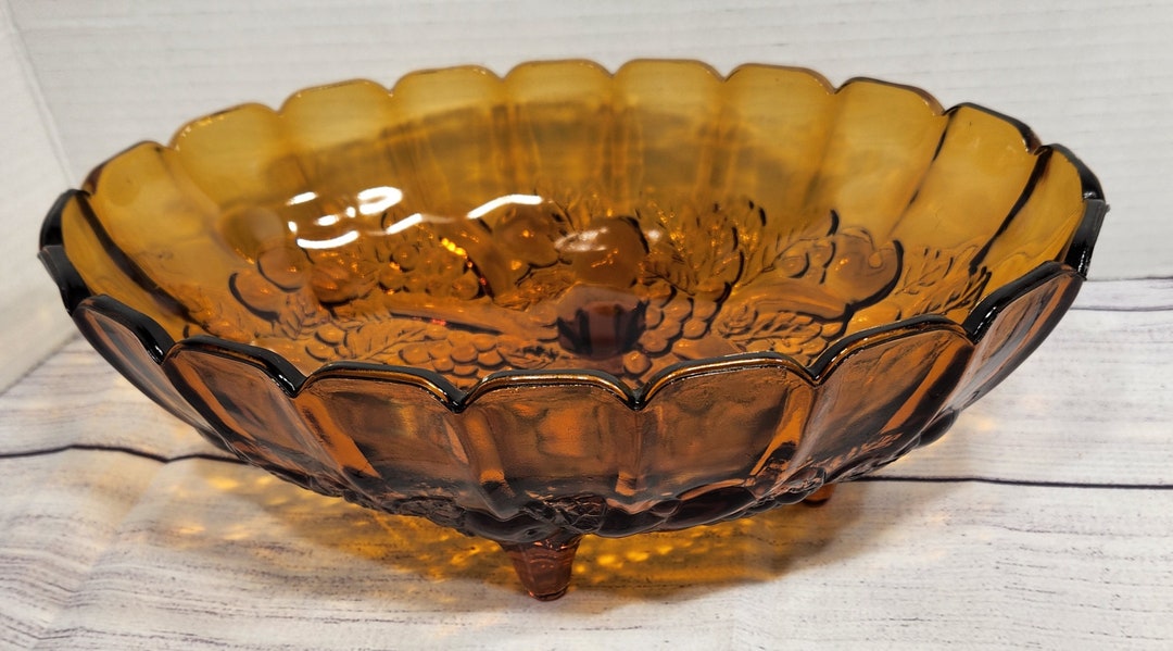 Vintage Amber Glass Footed Fruit Bowl, Glass Bowl Centerpiece, Vintage ...