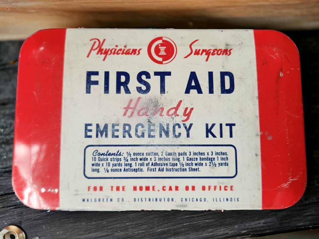 Vintage Physicians Surgeons First Aid Emergency Kit Tin Walgreen Co ...