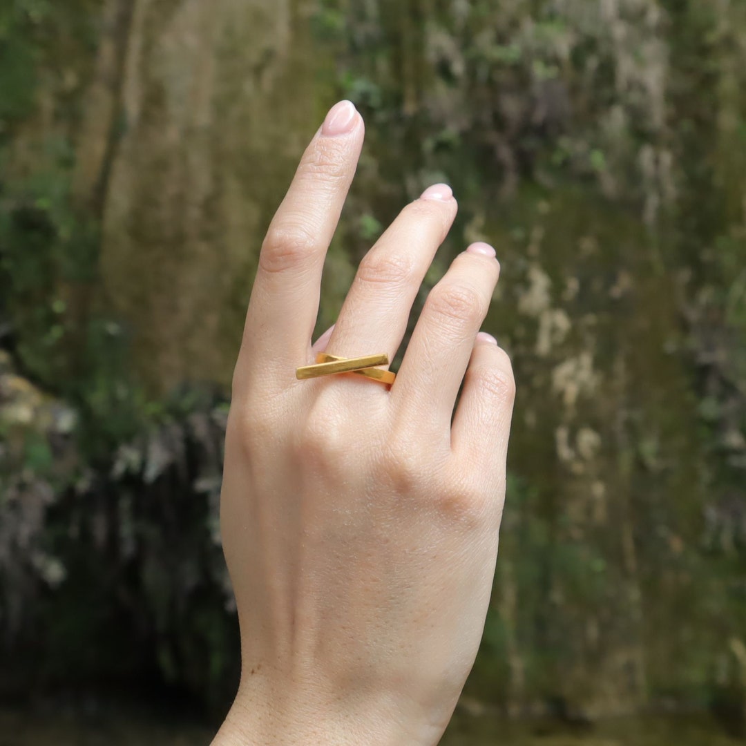 Handmade Minimal Gold Plated Flat Bar Ring, Stackable Gold Ring ...
