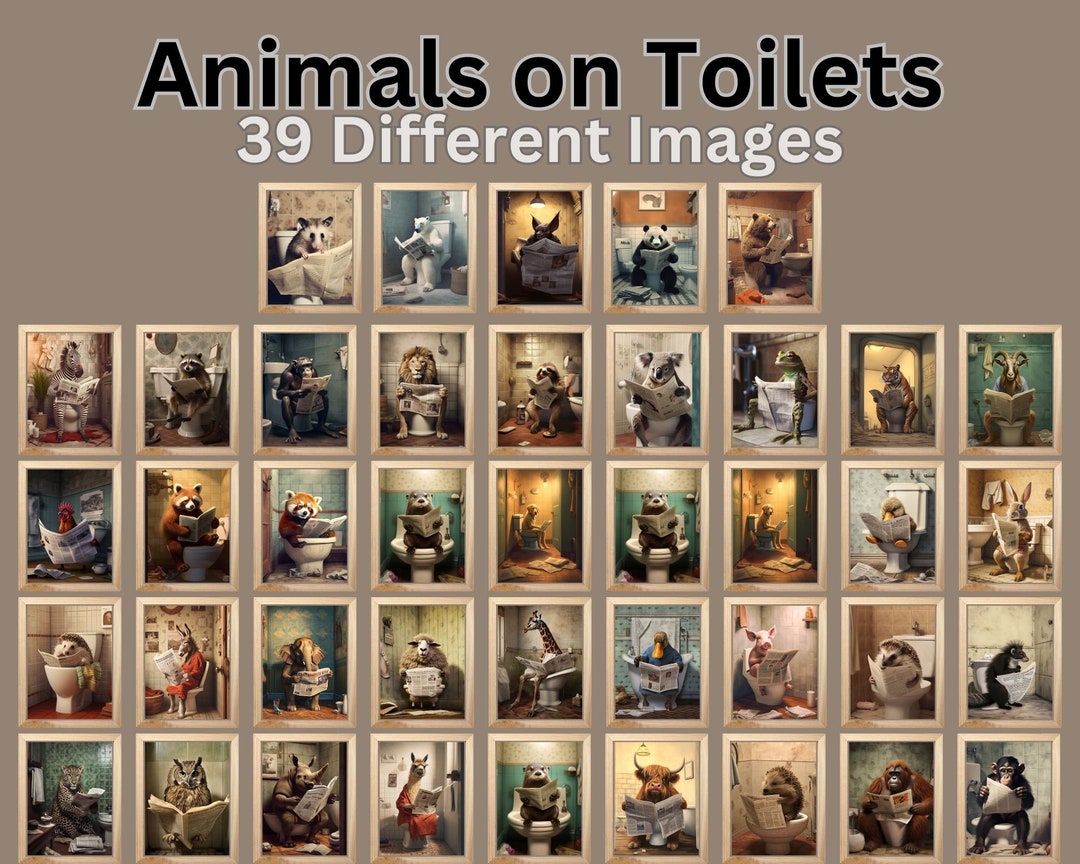 Animals Sitting on Toilet Reading the Newspaper Wall Art | 39 Different ...