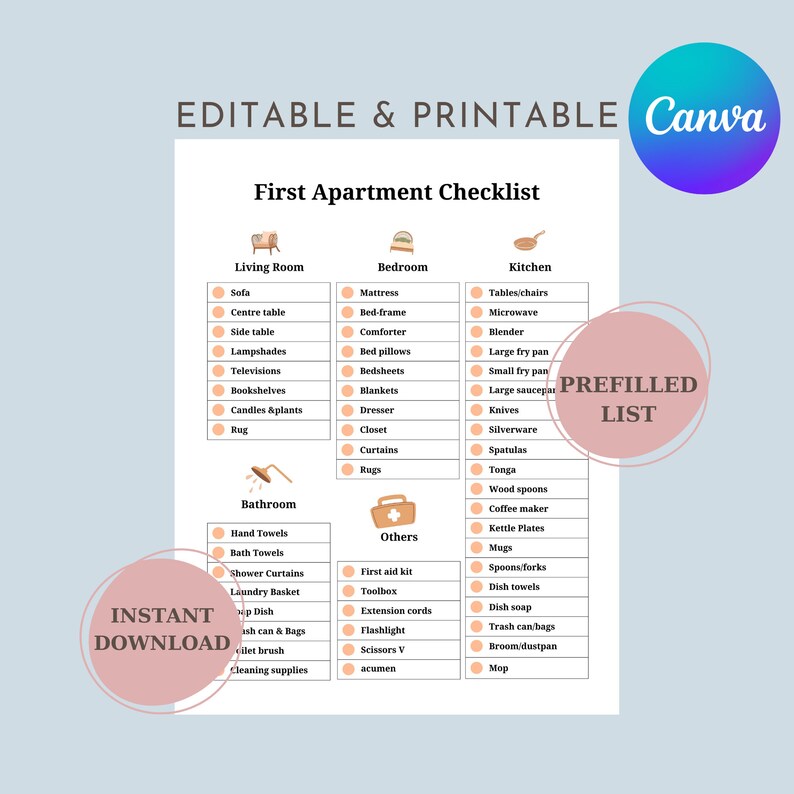 First Apartment Checklist Printable, Editable, Canva Template, Instant ...