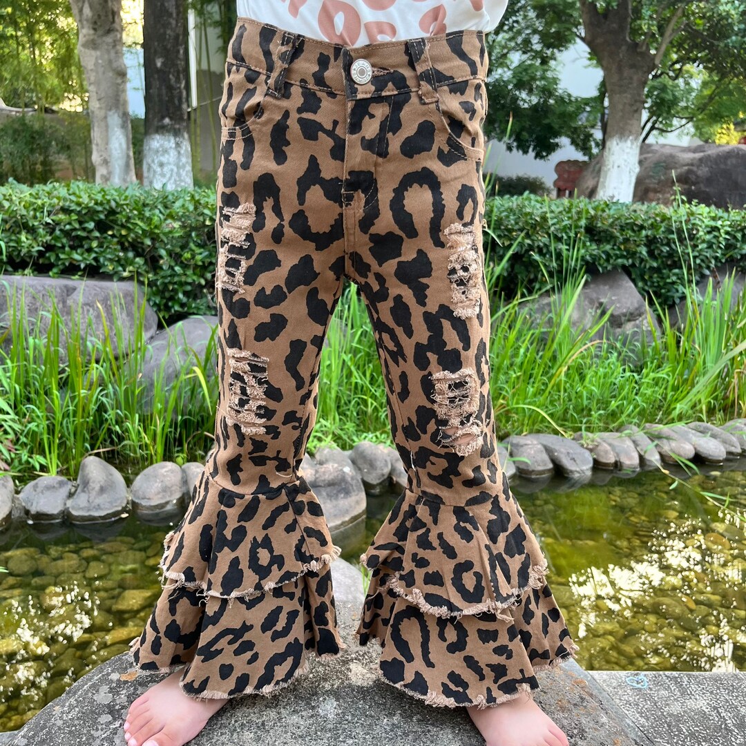 Girls Jeans Flare Pants, Leopard Denim Pants, Baby Girls Cheetah Ruffle ...