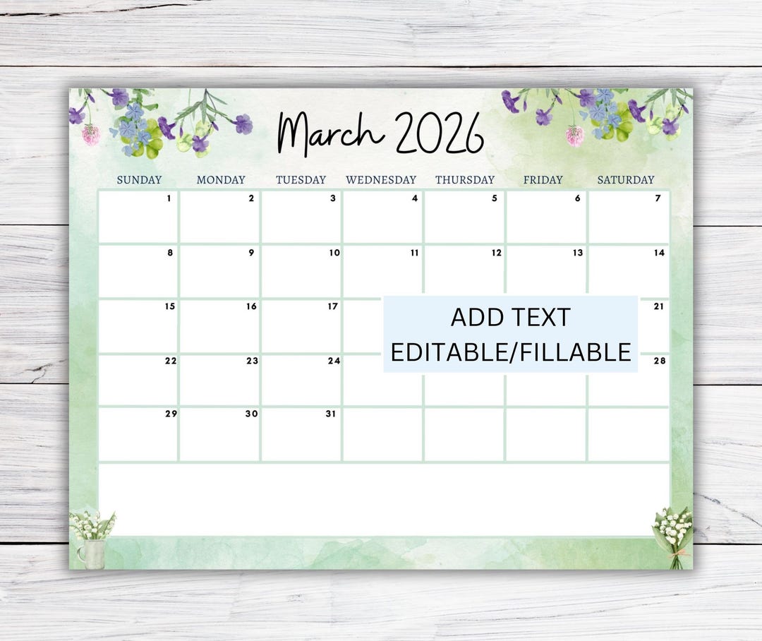 MODIFIABLE Calendrier de mars 2026 imprimable, page d'agenda mensuel ...