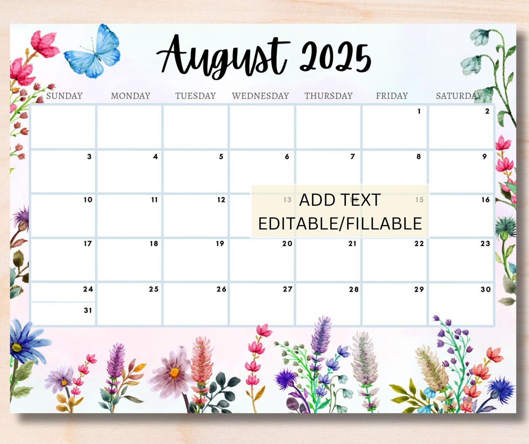 EDITABLE August 2025 Calendar, Printable Fillable Monthly Planner ...
