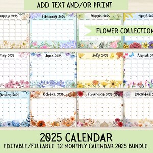 EDITABLE Calendar 2025 Bundle Pack W/ Flowers, Floral Calendar, Floral ...