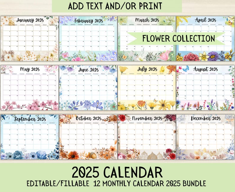 EDITABLE Calendar 2025 Bundle Pack W/ Flowers, Floral Calendar, Floral ...