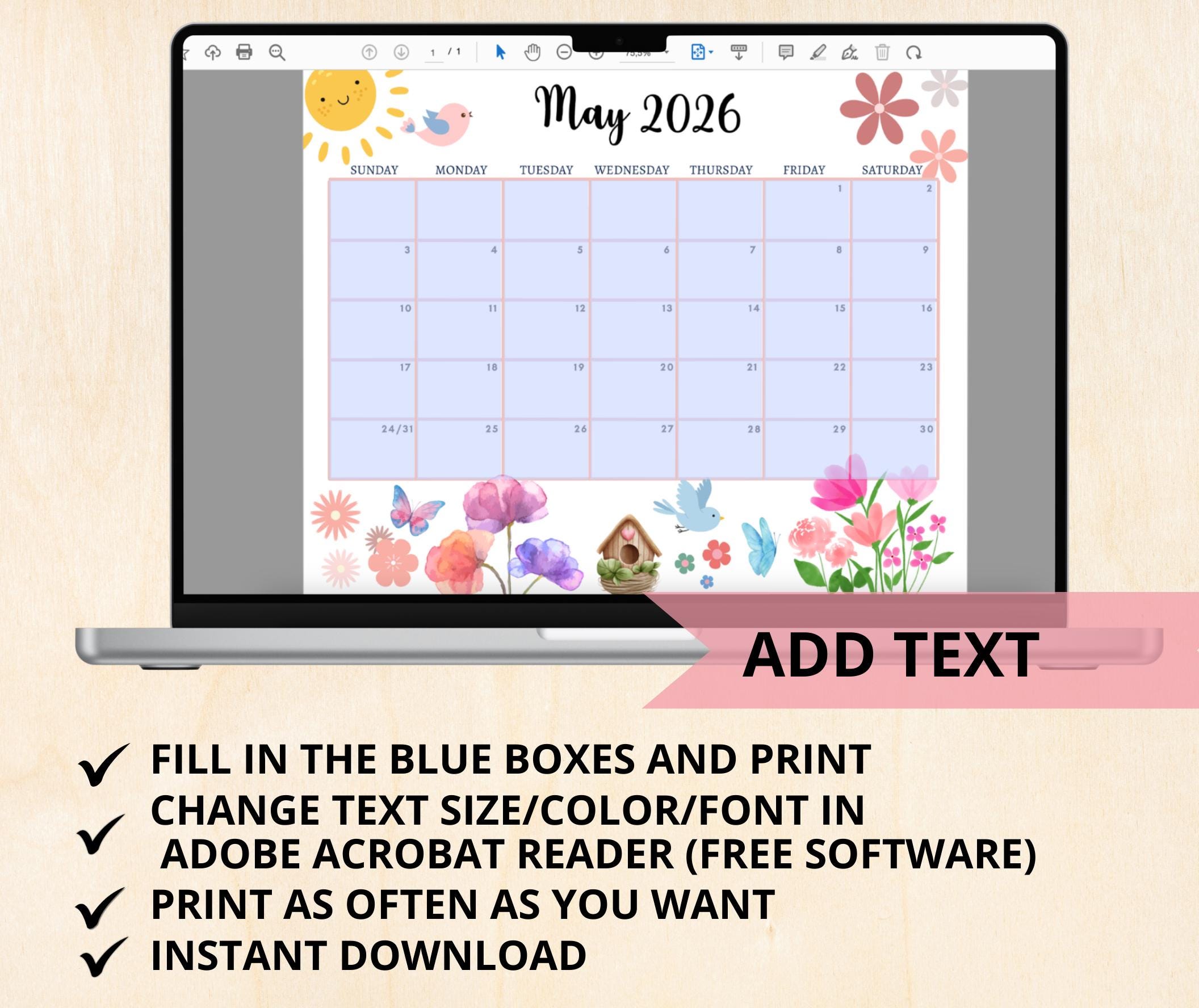 Buy EDITABLE May 2026 Calendar, Printable Fillable Monthly Planner May ...