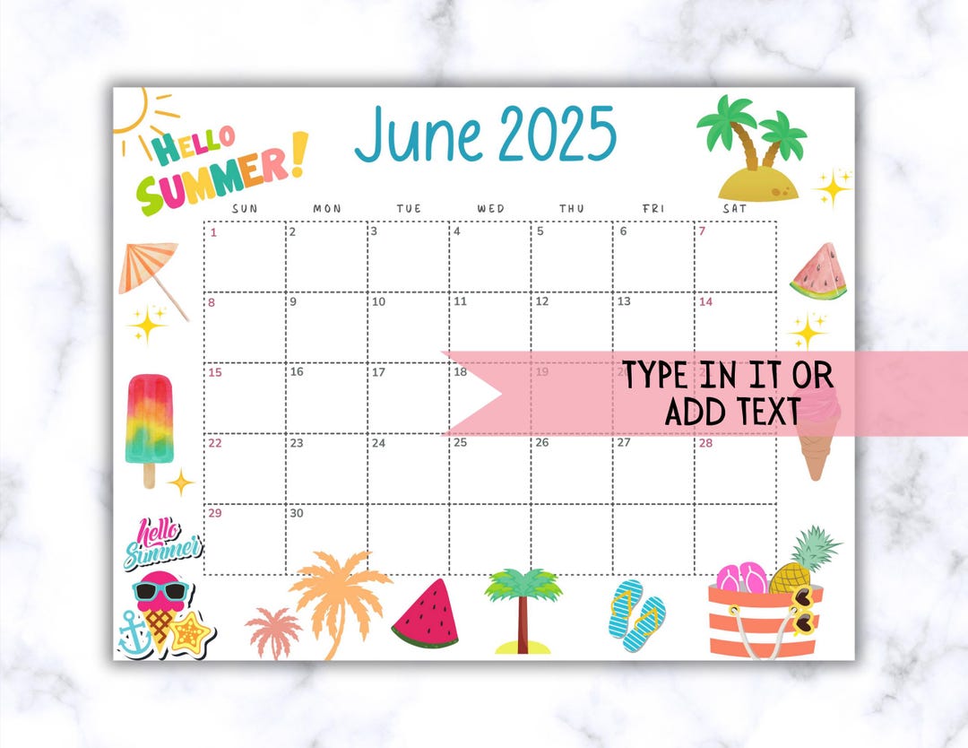 EDITABLE June 2025 Calendar, Printable Wall Calendar 2025, Cute ...