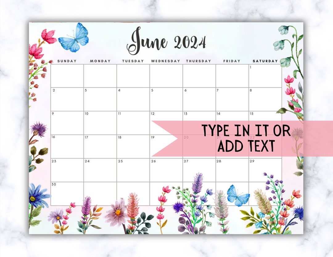 EDITABLE June 2024 Calendar, Printable Wall Calendar 2024, Cute ...