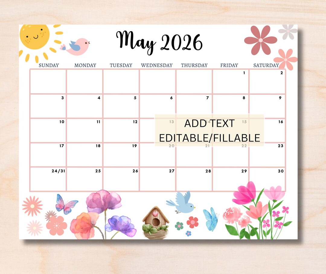 EDITABLE May 2026 Calendar, Printable Fillable Monthly Planner May ...