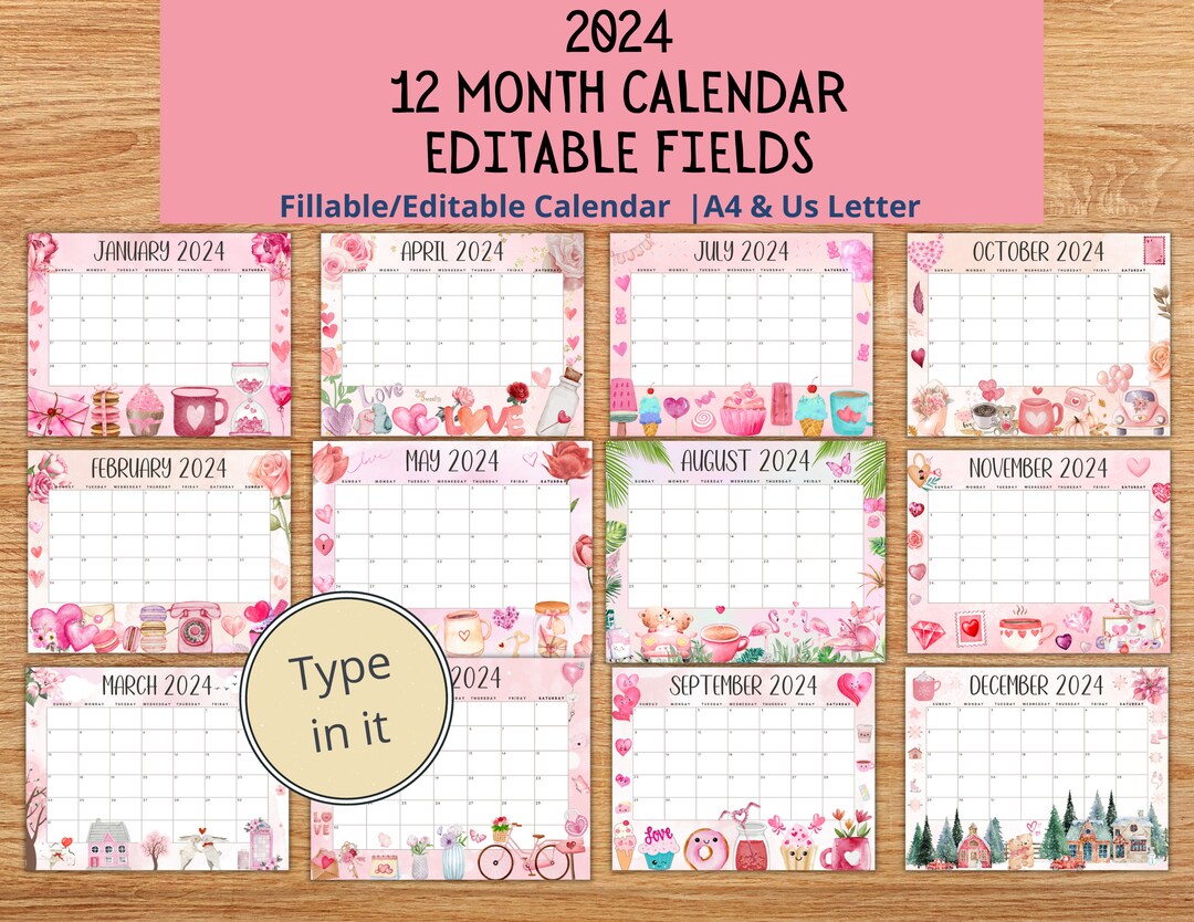EDITABLE Monthly Calendar 2024 Bundle, Cute Editable 2024 PDF Calendar ...