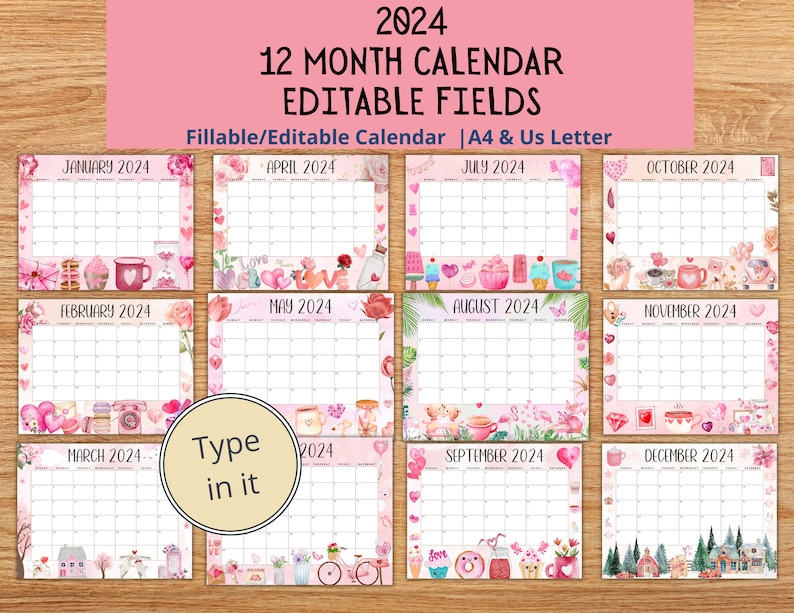 EDITABLE Monthly Calendar 2024 Bundle, Cute Editable 2024 PDF Calendar ...