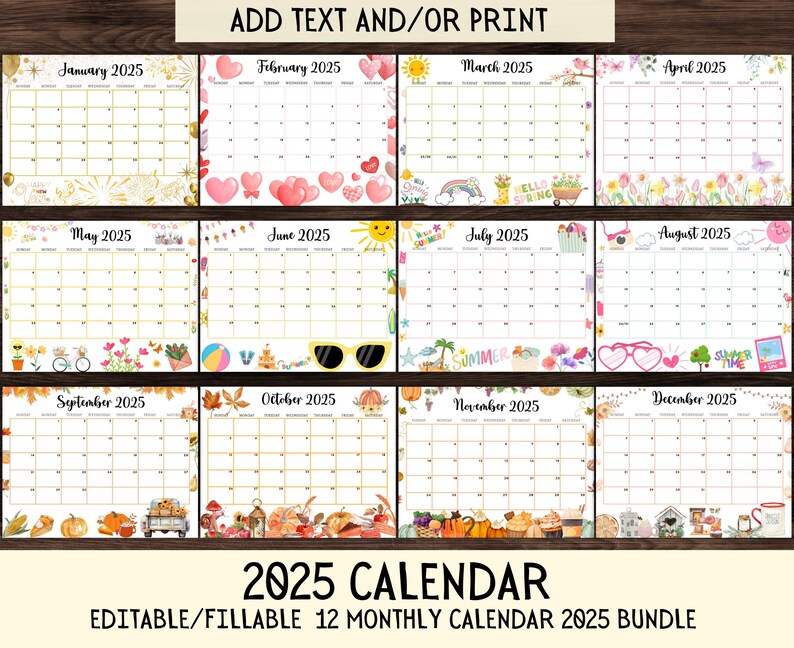 EDITABLE Monthly Calendar 2025 Bundle, Printable Fillable Monthly ...