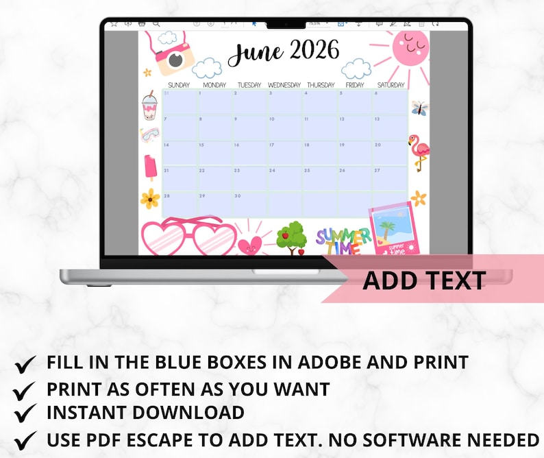 EDITABLE June 2026 Calendar, Printable Wall Calendar 2026, Cute ...