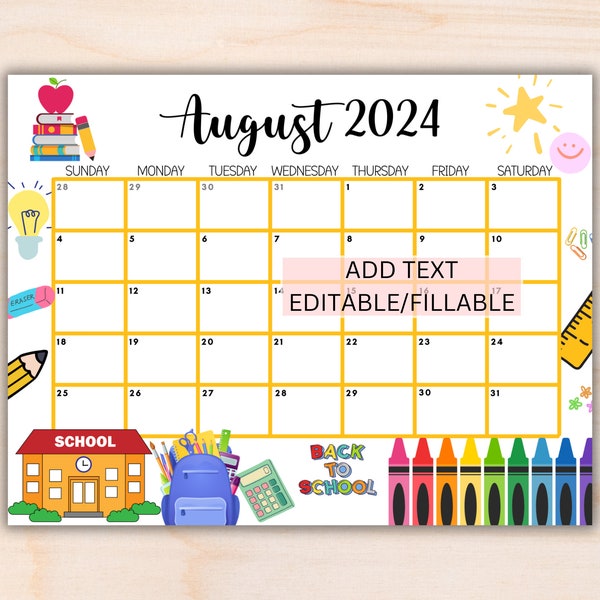 Printable Editable August Calendar - Etsy