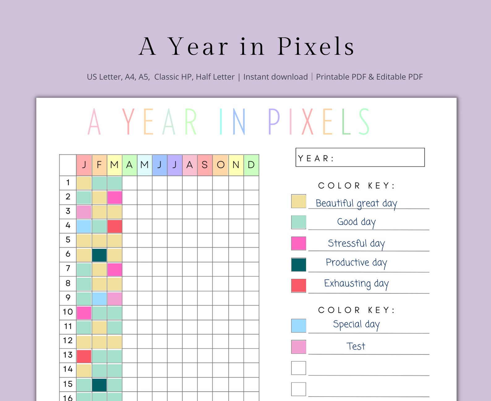 A Year in Pixels Editable & Printable PDF | Yearly Mood Tracker ...