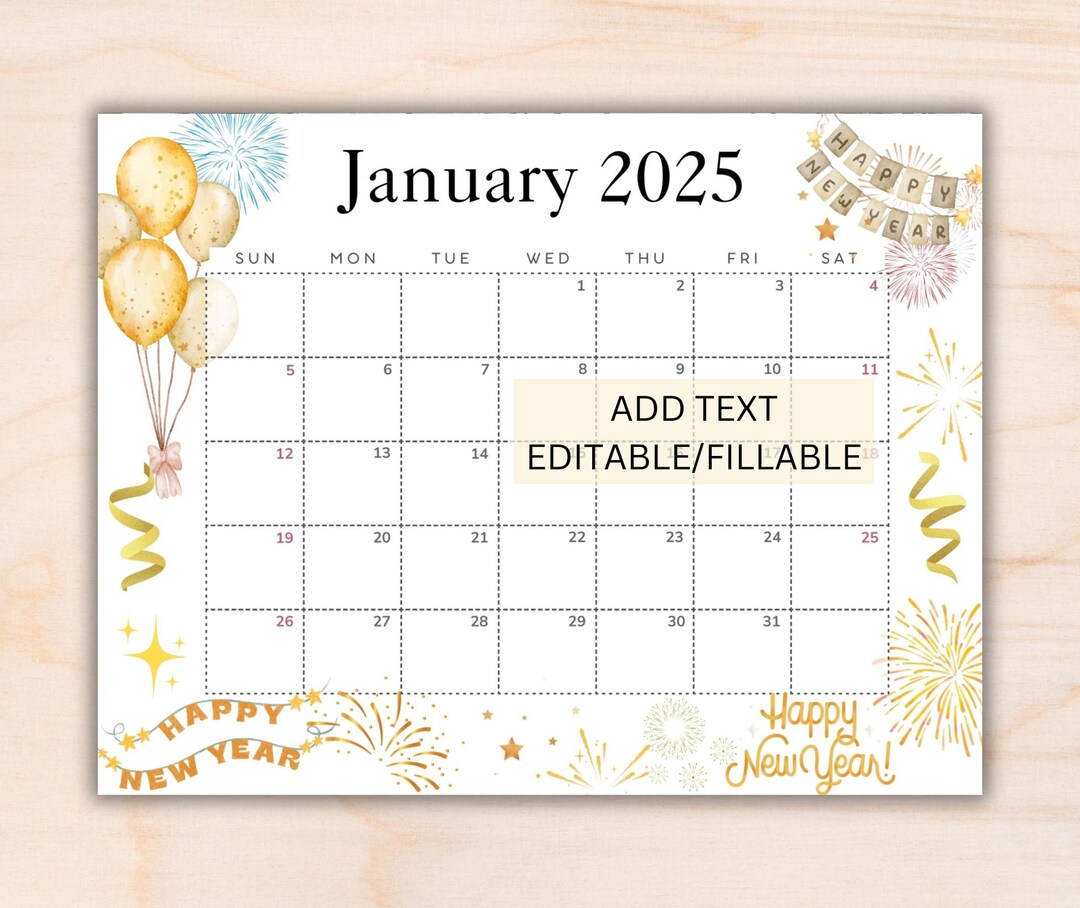 Buy EDITABLE January 2025 Calendar, Happy New Year Celebration ...