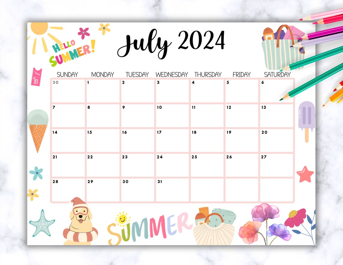 EDITABLE July 2024 Calendar, Printable Wall Calendar 2024, Cute ...