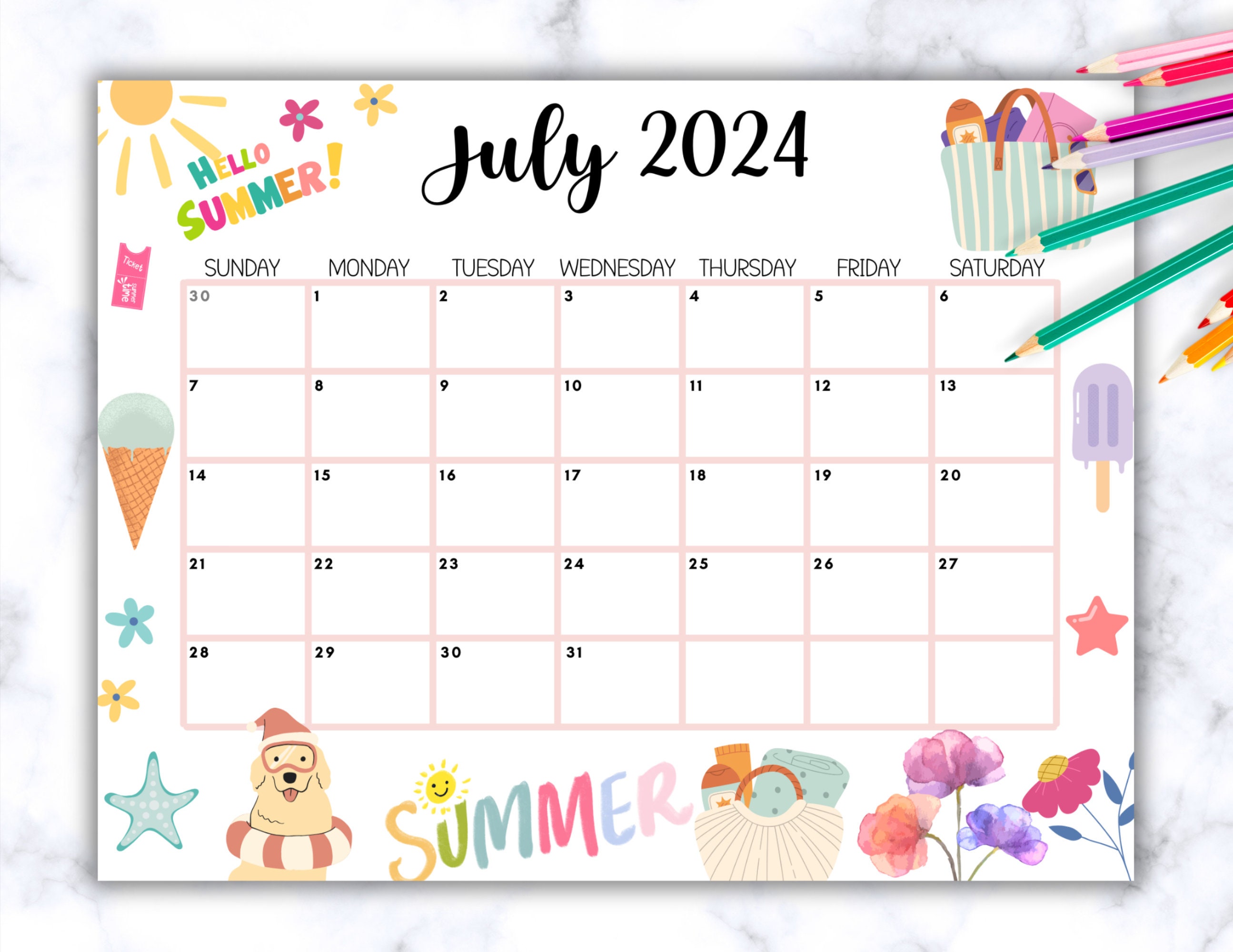 EDITABLE July 2024 Calendar, Printable Wall Calendar 2024, Cute ...