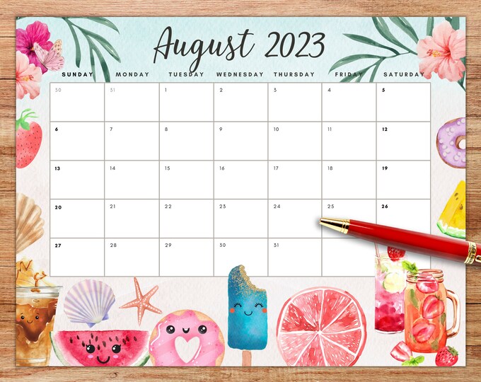EDITABLE August 2023 Calendar Beautiful Summer, Printable Fillable Summer Calendar, Work Office ...