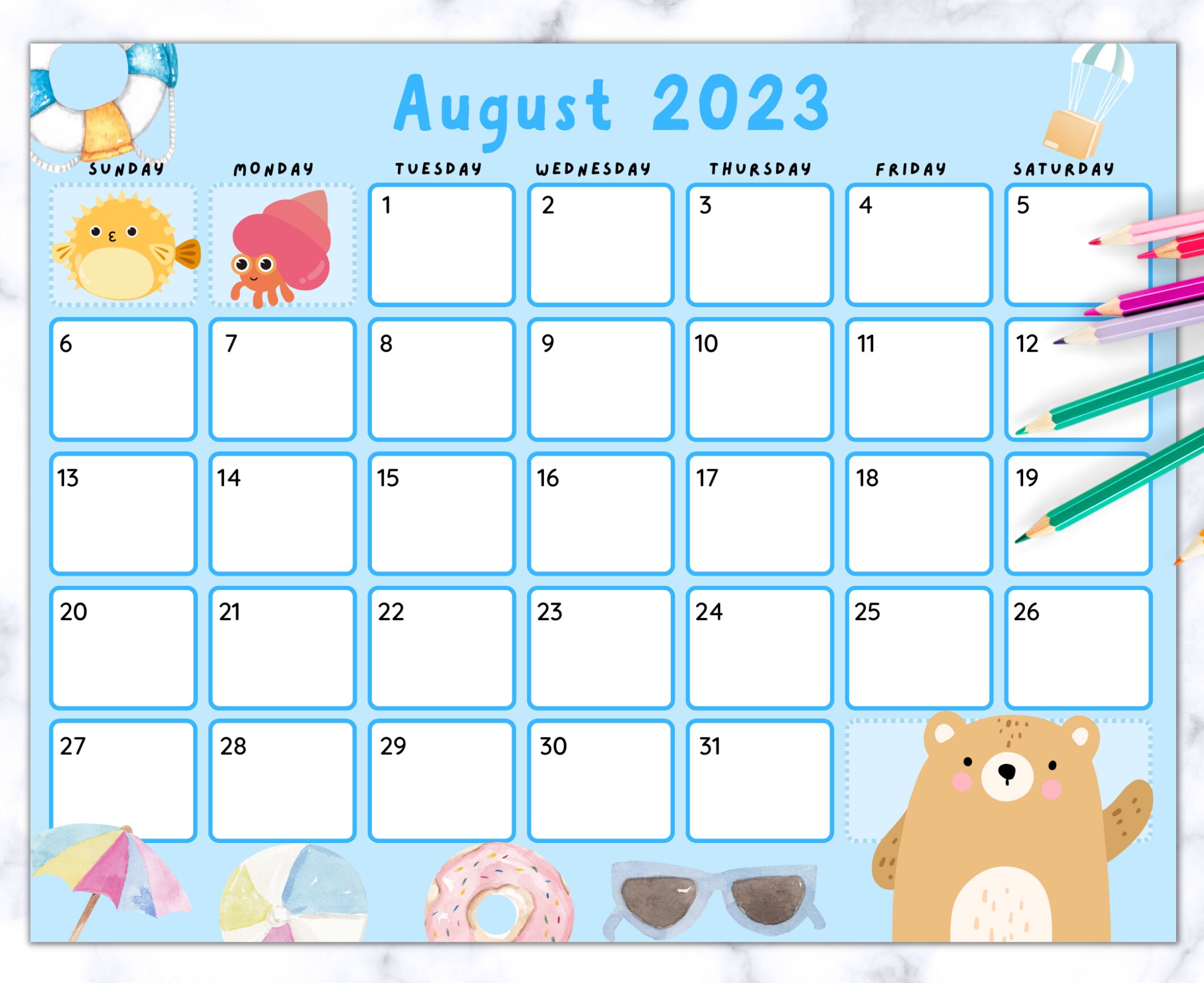 EDITABLE August 2023 Calendar Cute Printable Fillable Monthly - Etsy Canada