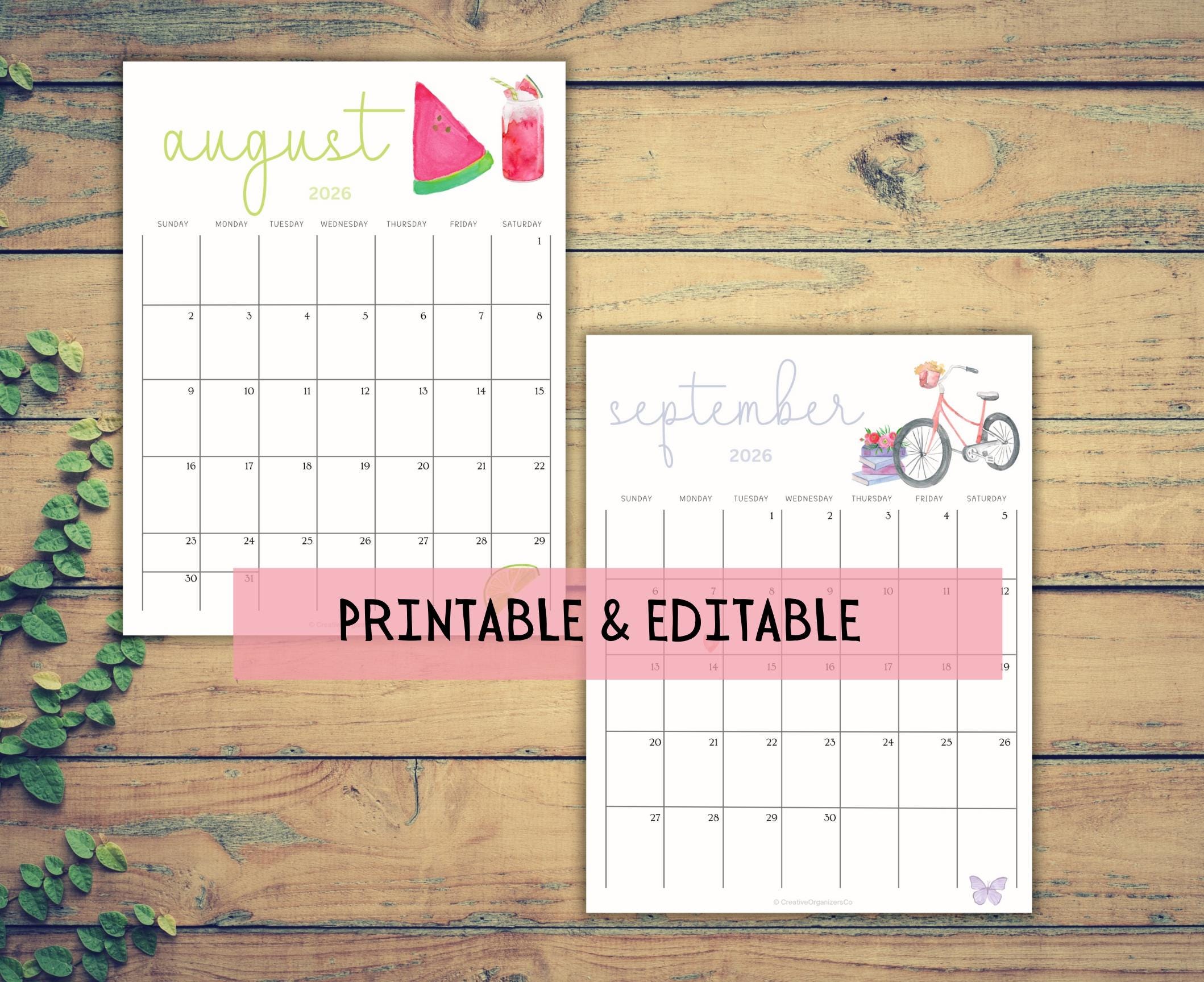 2026 EDITABLE Printable Watercolor Calendar,printable Fillable Monthly ...