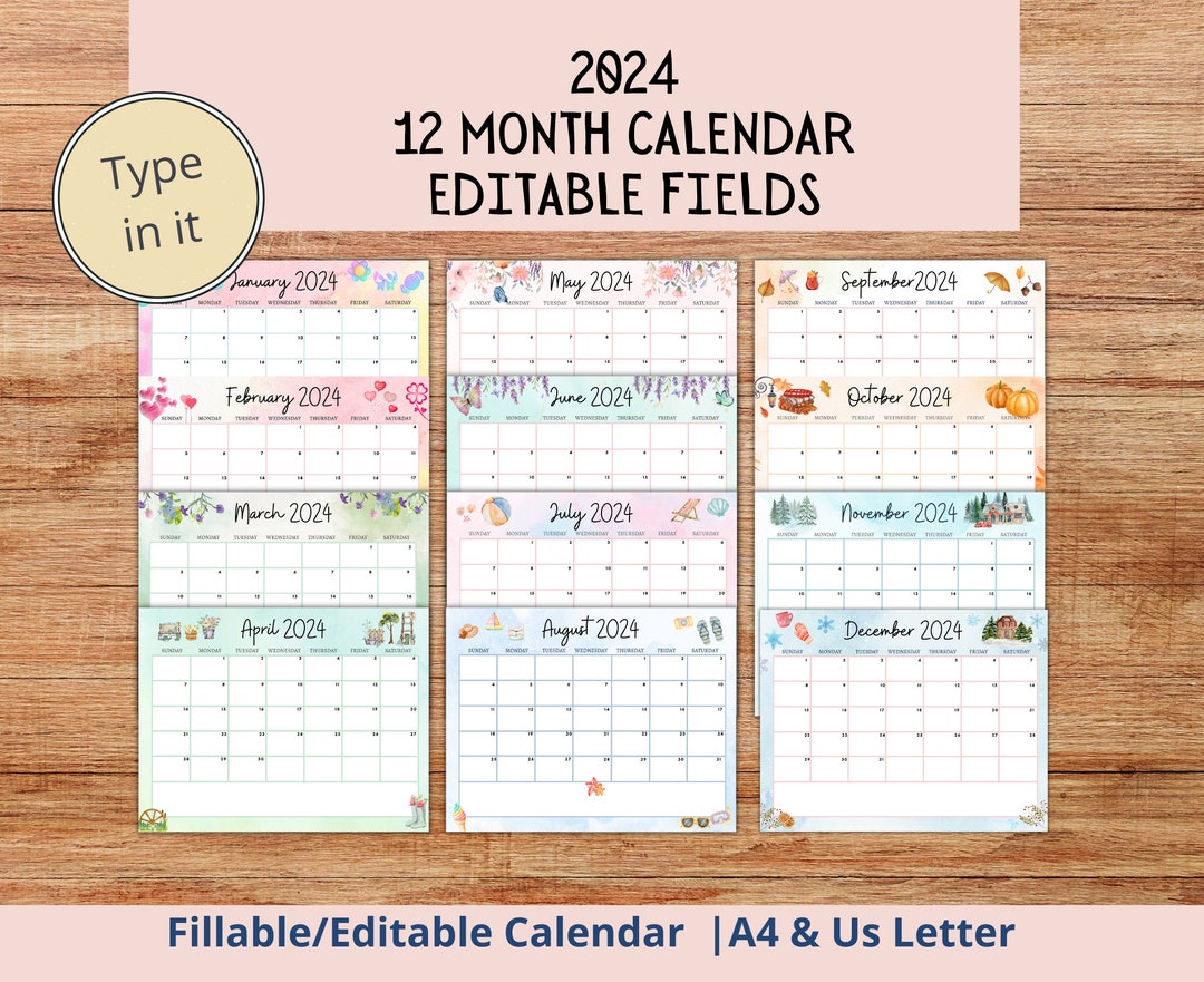 2024 EDITABLE Printable Watercolor Calendar, Printable Fillable Monthly ...
