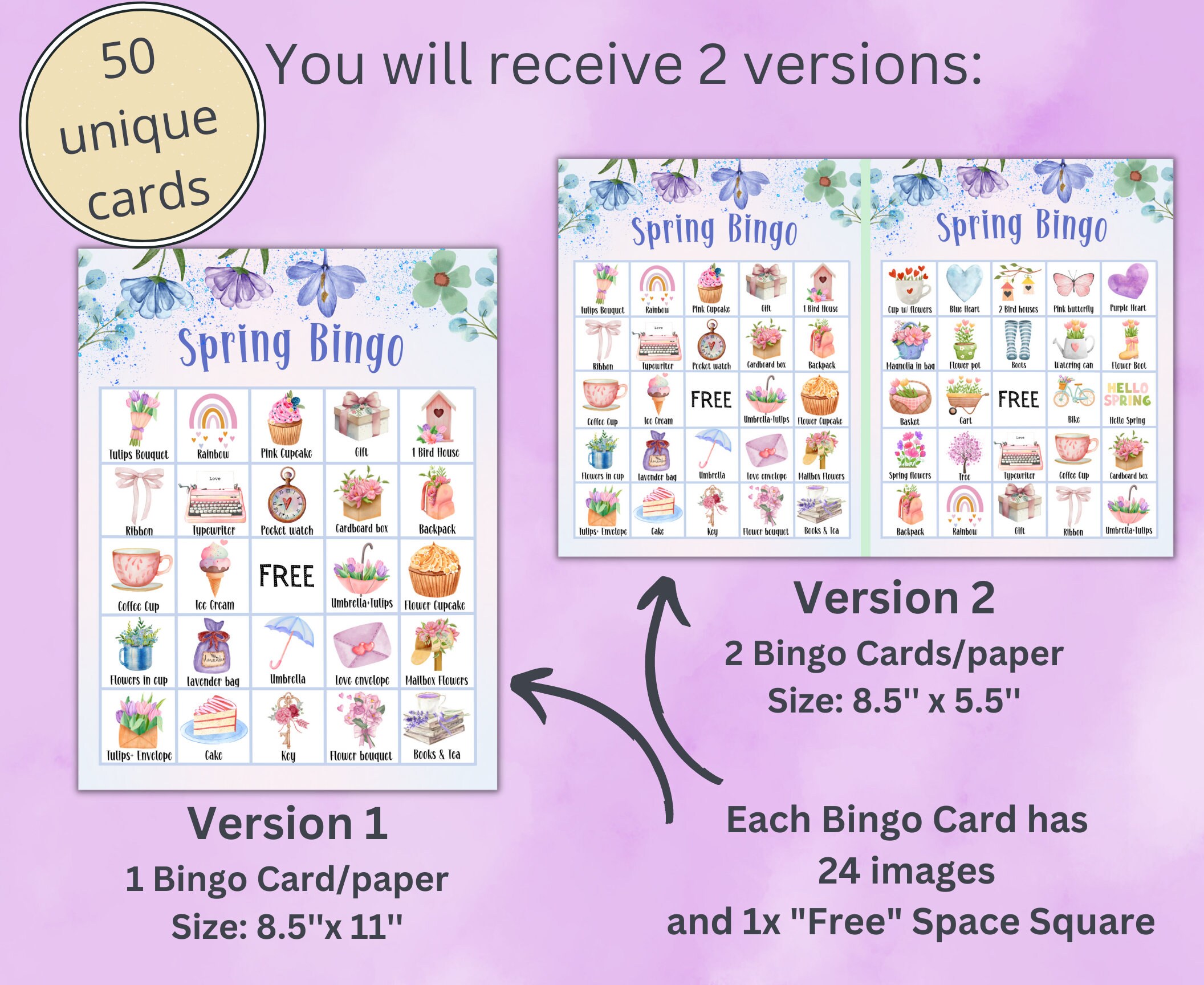 PRINTABLE SPRING Bingo Game With 50 Unique Bingo Cards, Bing Game ...