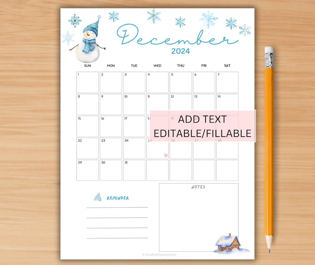 EDITABLE December 2024 Calendar, Printable Wall Calendar 2024, Cute ...