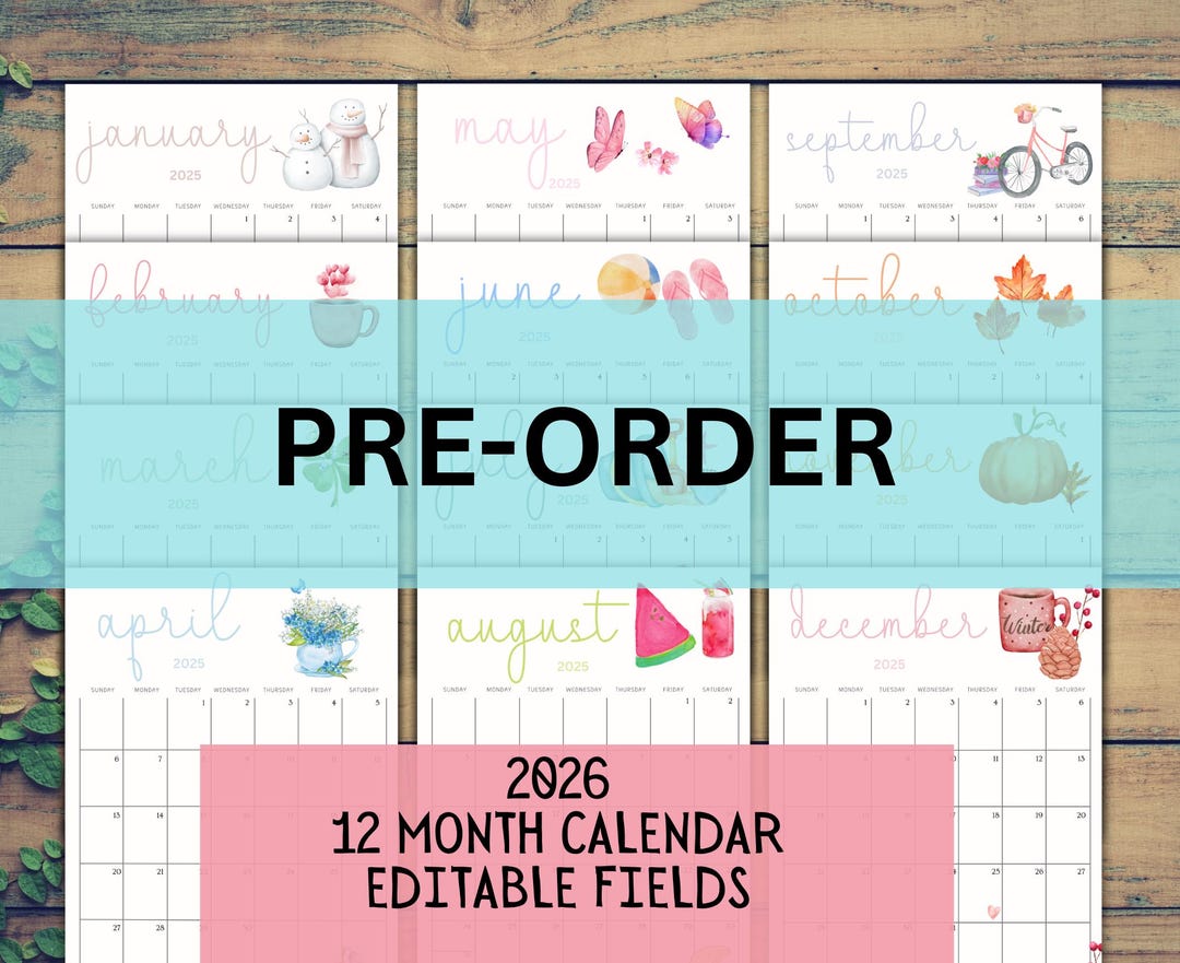 2026 EDITABLE Printable Watercolor Calendar,printable Fillable Monthly ...