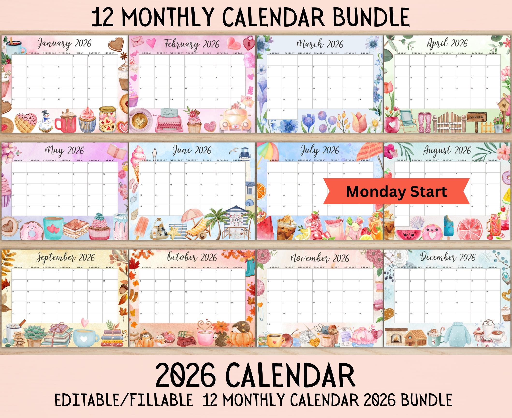 2026 EDITABLE Printable Watercolor Calendar, Printable Fillable Monthly ...