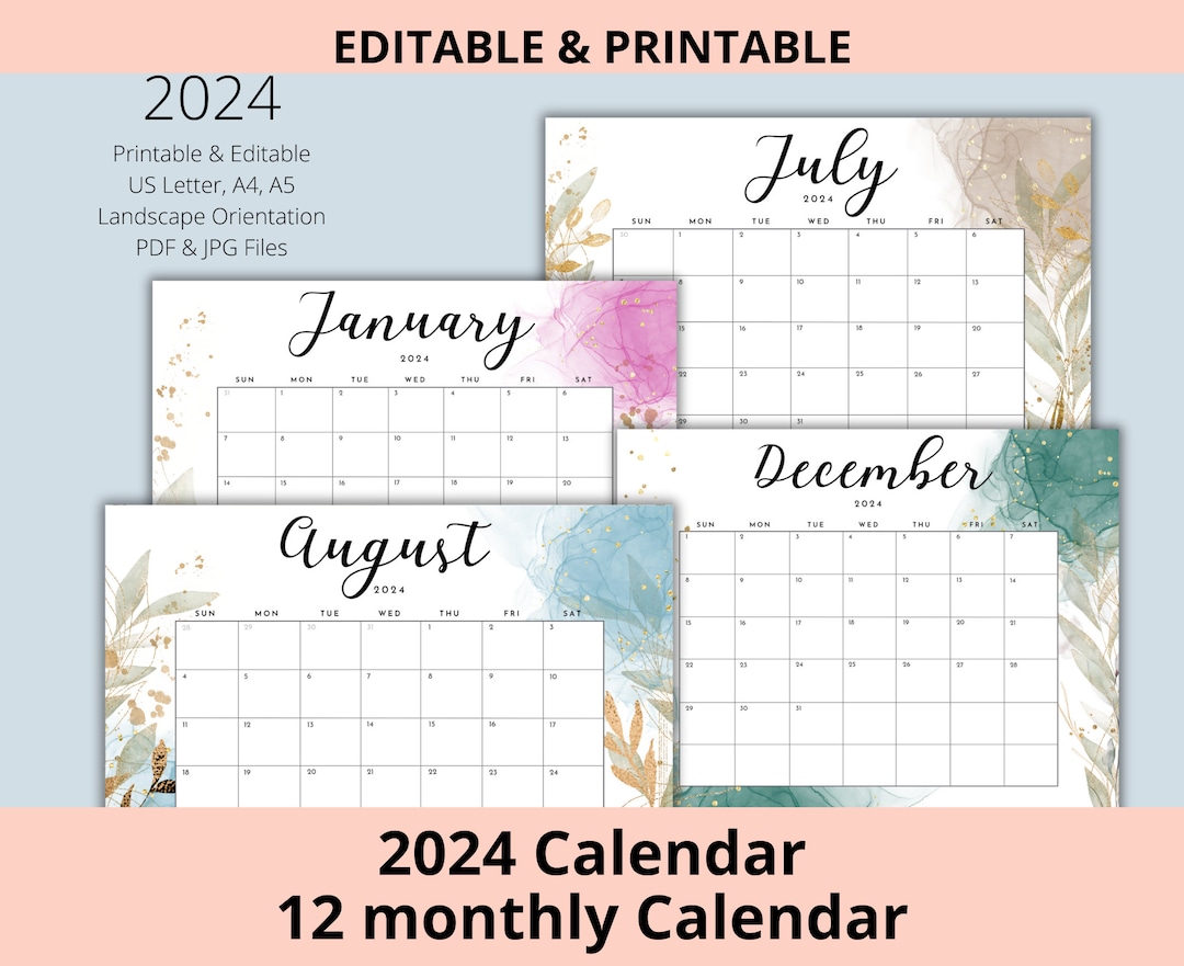 EDITABLE 2024 Calendar Printable Fillable 2024 Monthly Calendar Bundle ...