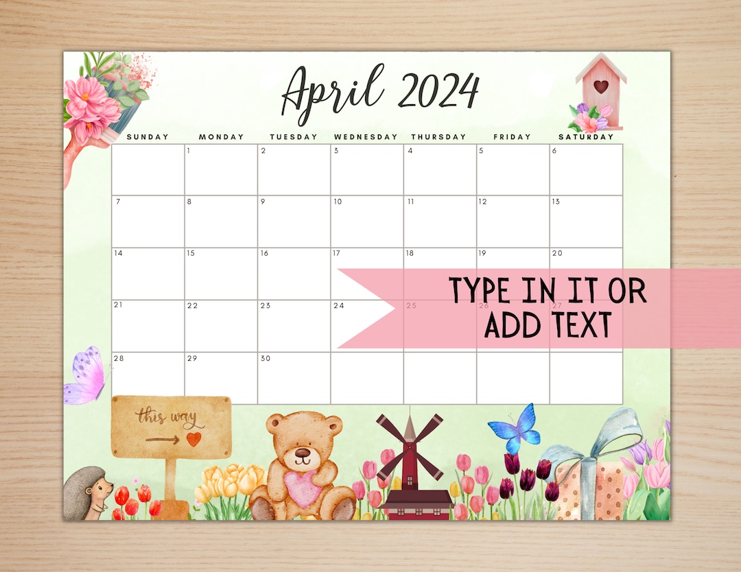 Editable April 2024 Calendar, Fillable Classroom Calendar, Spring ...
