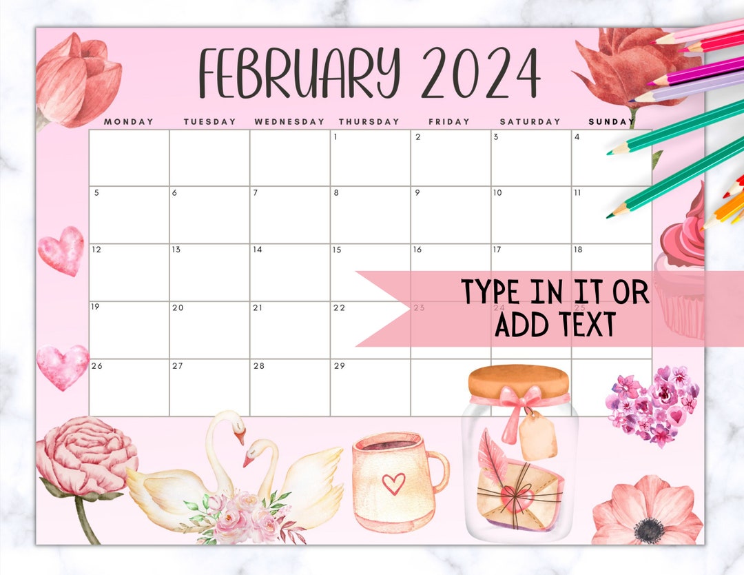 Editable February 2024 Calendar Fillable Printable Monthly - Etsy UK