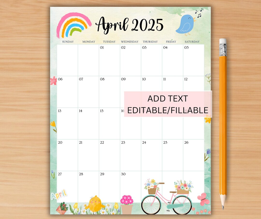 EDITABLE April 2025 Calendar, Monthly Planner for April, Kids Calendar ...