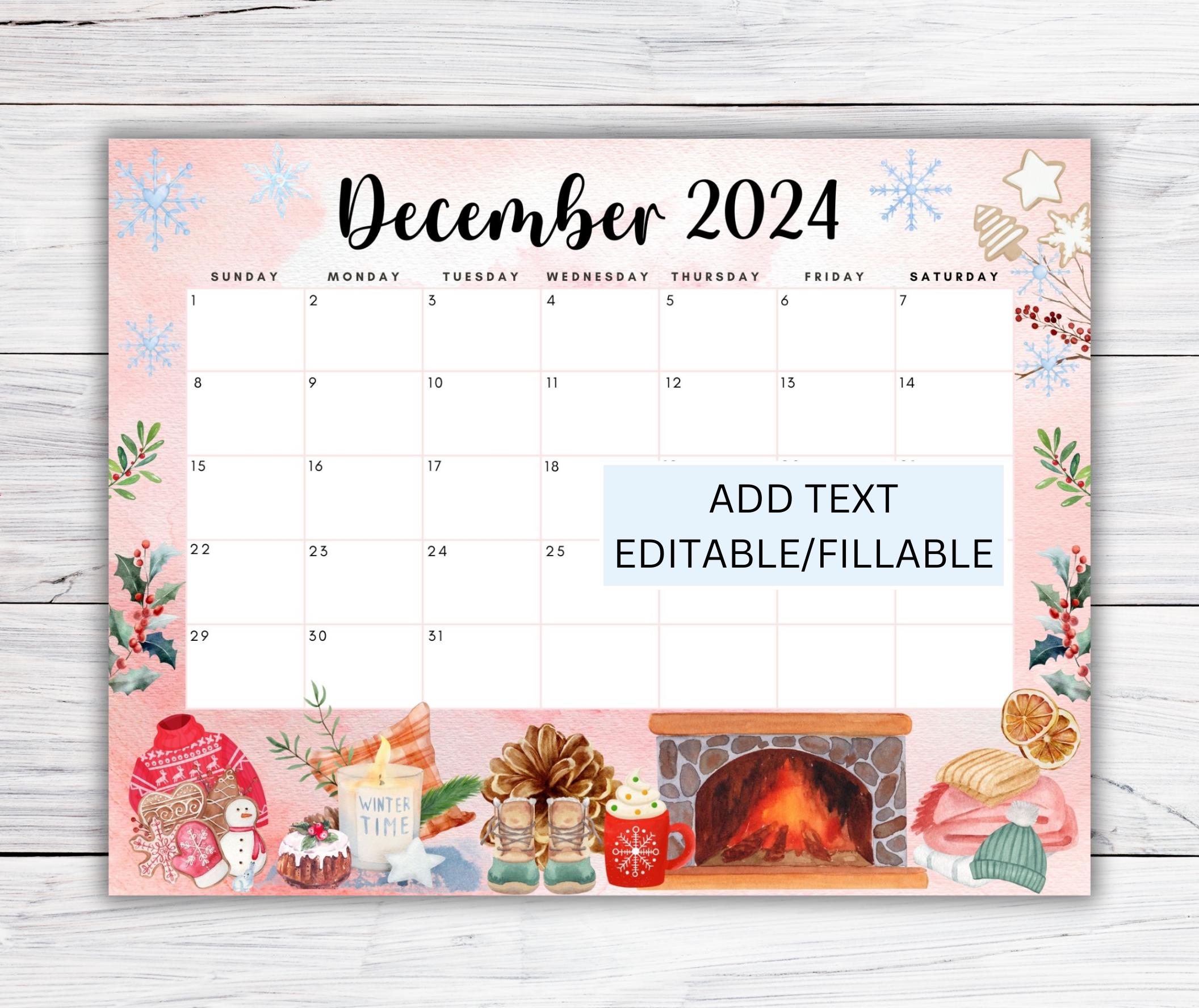 EDITABLE December 2024 Calendar, Printable Wall Calendar 2024, Monthly ...