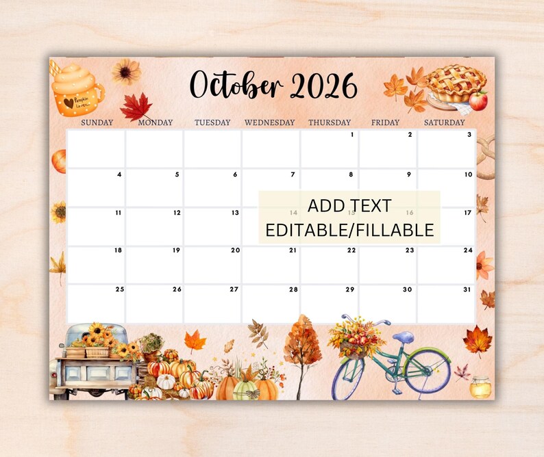 EDITABLE October 2026 Calendar, Printable Monthly Calendar 2026, Cute ...