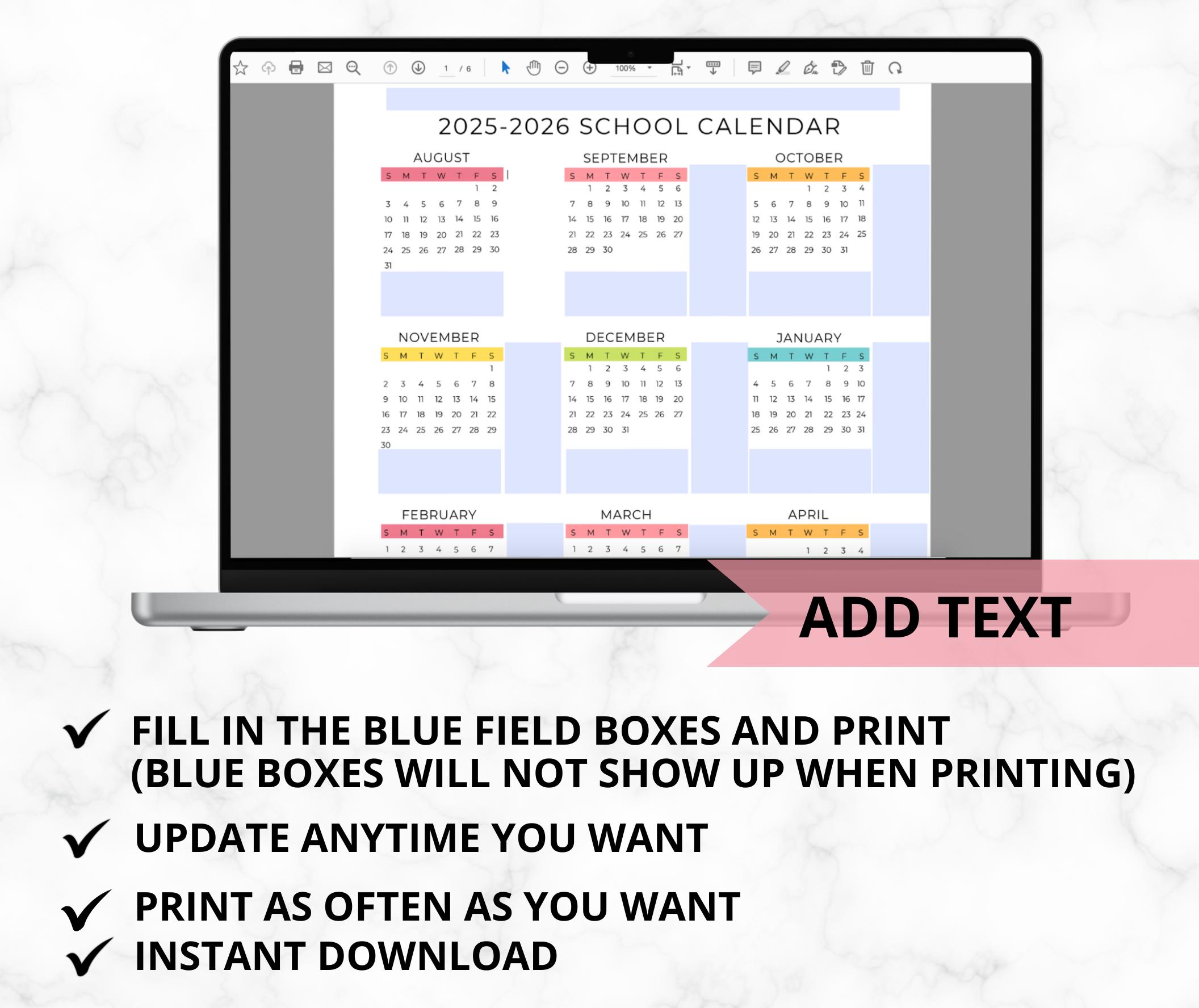 Editable School Year Calendar 2025-2026 School Calendar, Printable 2025 ...