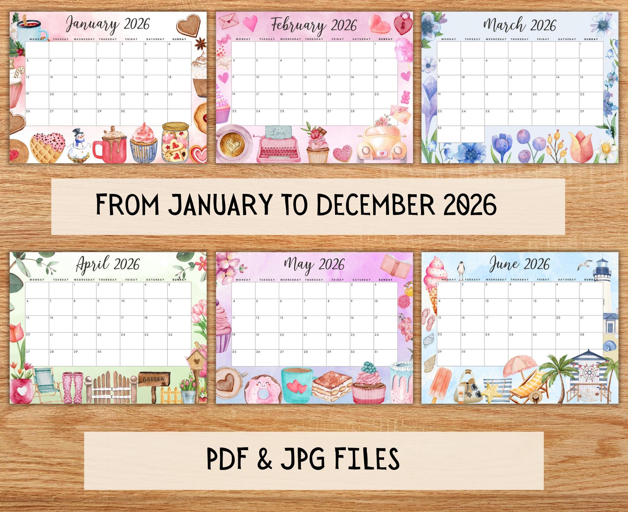 2026 EDITABLE Printable Watercolor Calendar, Printable Fillable Monthly ...