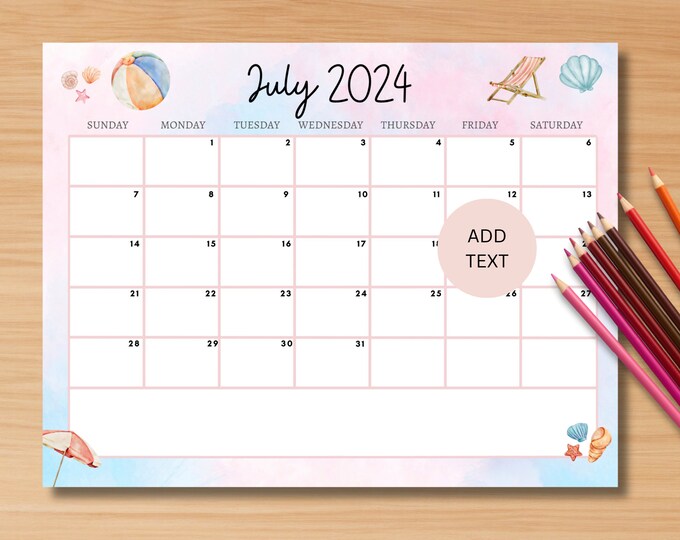 EDITABLE July 2024 Calendar With Sea Turtle Design, Fillable Summer ...