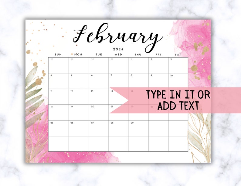 EDITABLE February 2024 Calendar,beautiful Glitter Gold Calendar for ...
