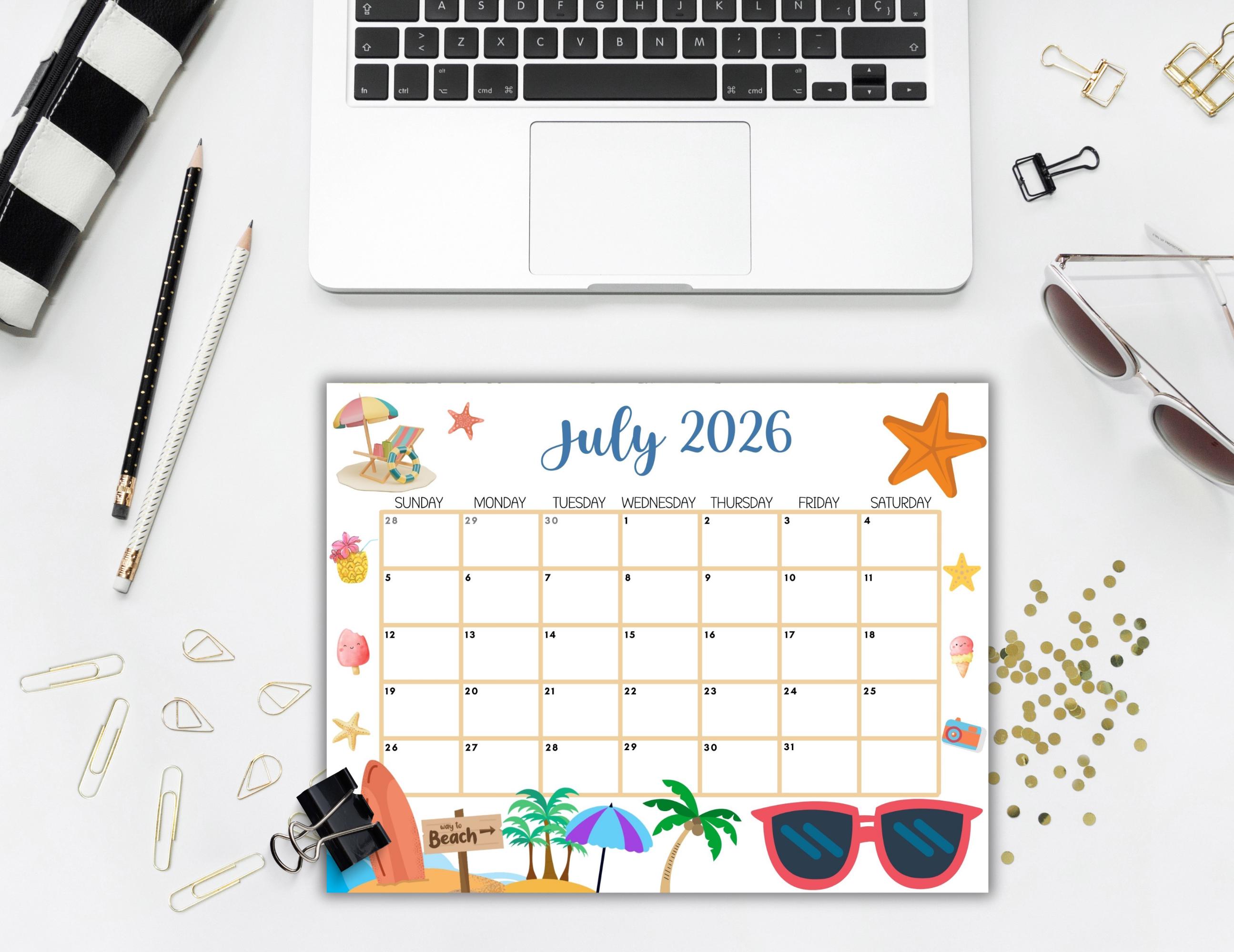 EDITABLE July 2026 Calendar, Printable Wall Calendar 2026, Summer ...
