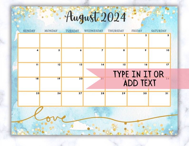 EDITABLE August 2024 Calendar, Printable Fillable Monthly Planner ...